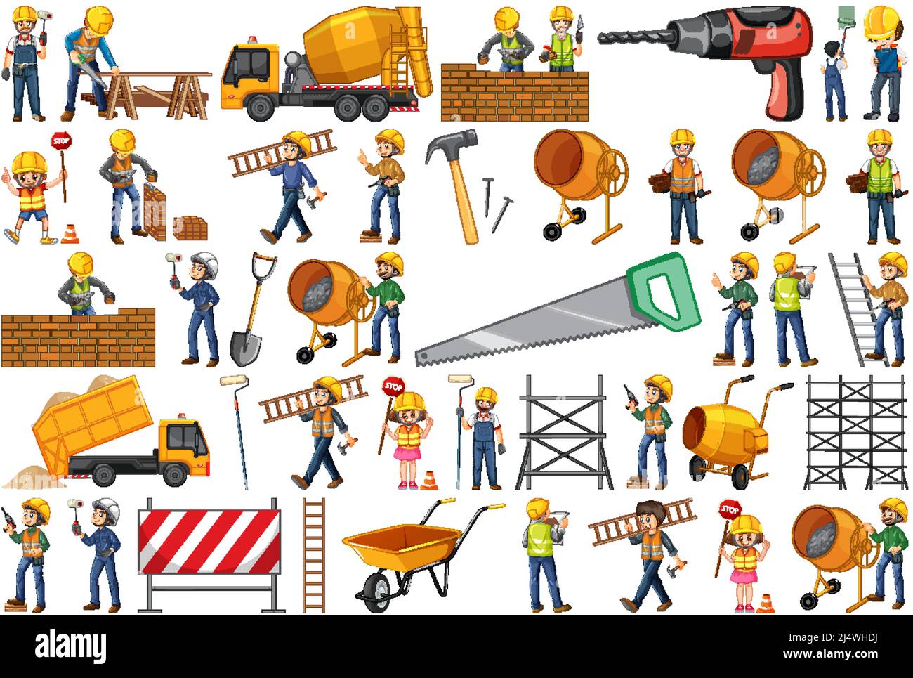 Construction worker set with man and tools illustration Stock Vector ...