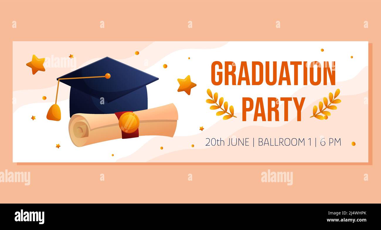 Graduation party horizontal banner with cap with tassels and scrip ...