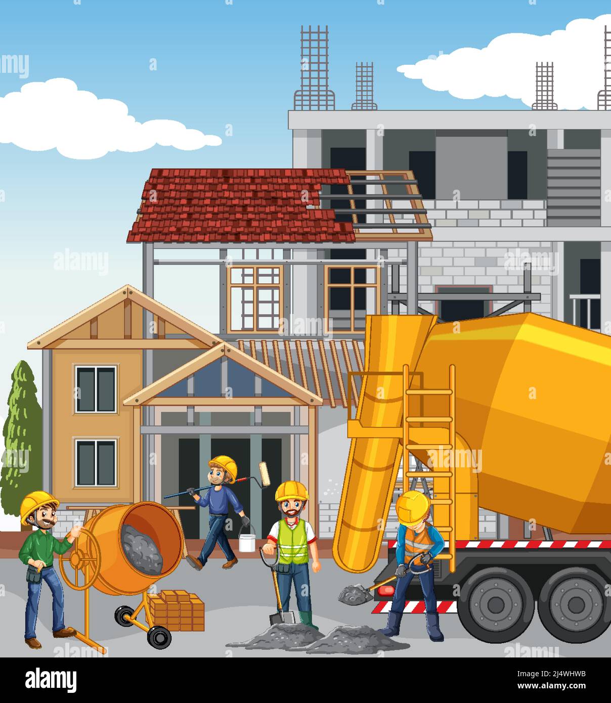 House construction site with workers cartoon illustration Stock Vector ...