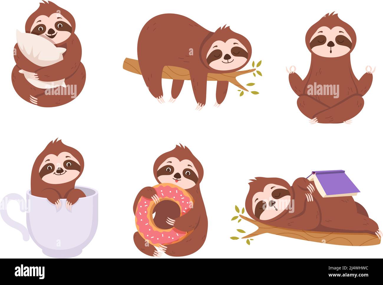 Sloths. Cute lazy sloths relax on branches wild animals in action poses ...