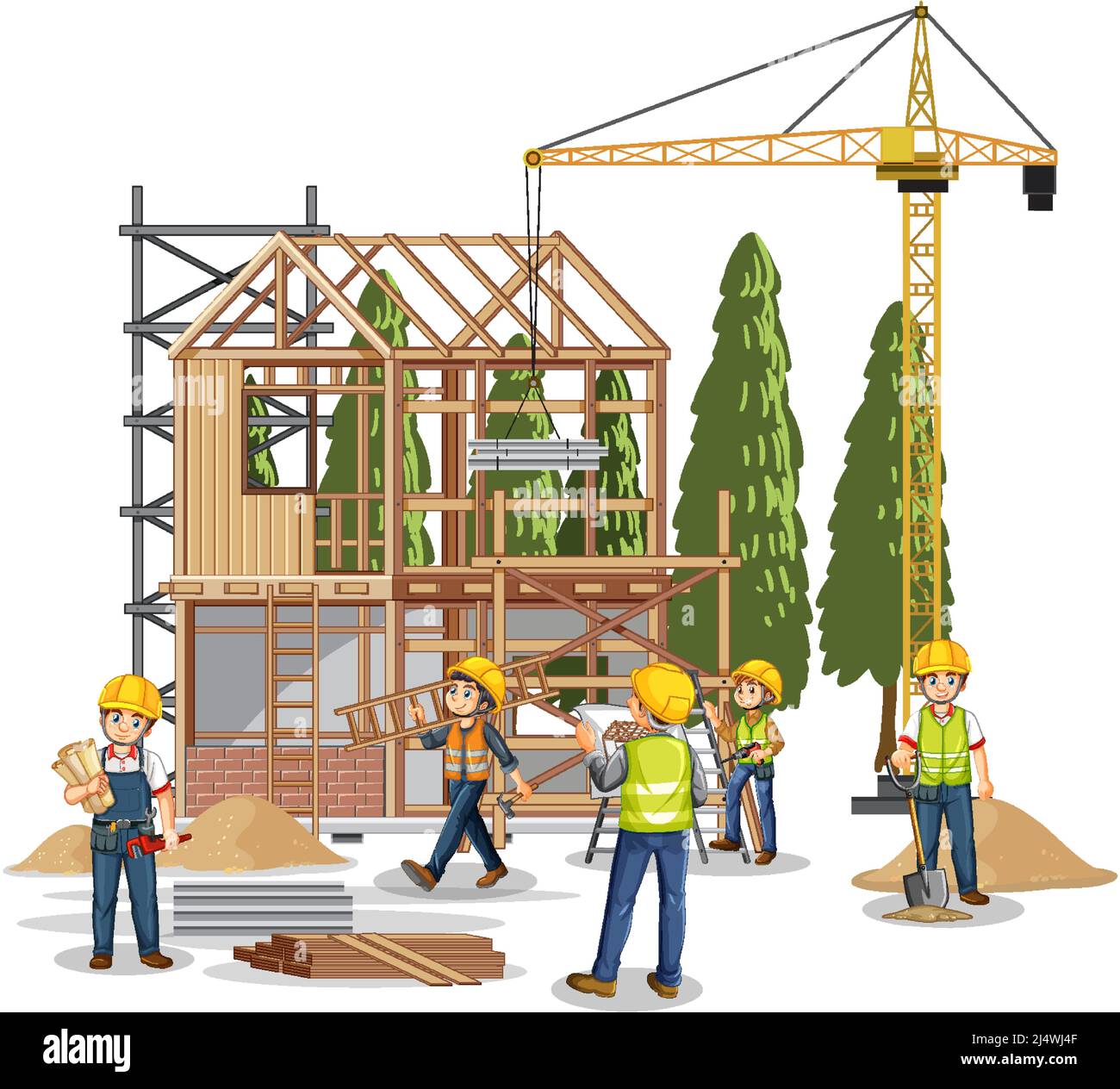 Isolated construction site with workers illustration Stock Vector Image ...