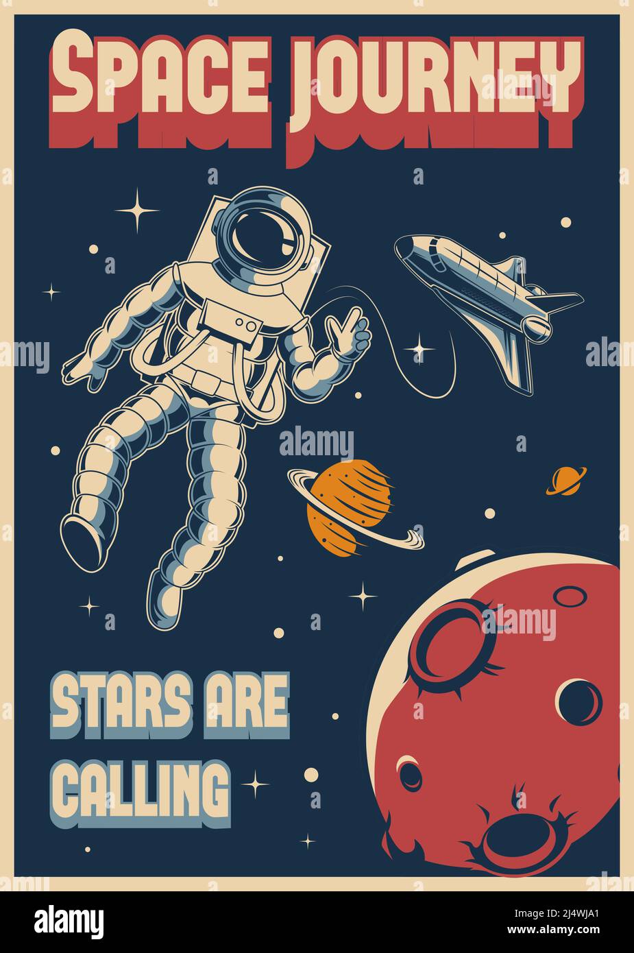 Space poster. Vintage postcard with outdoor mars exploration on flying ...