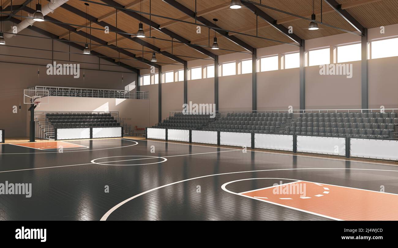 Basketball court with hoop and tribune mockup, side view Stock Photo ...