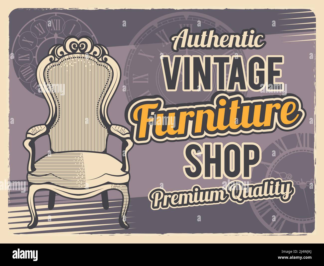 Vintage furniture poster. Ads placard with retro wardrobe table sofa ...