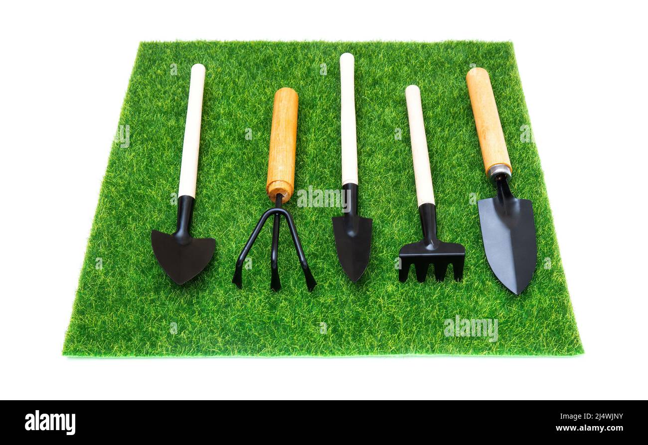 Selection of garden hand held tools arranged on a grass lawn background ...