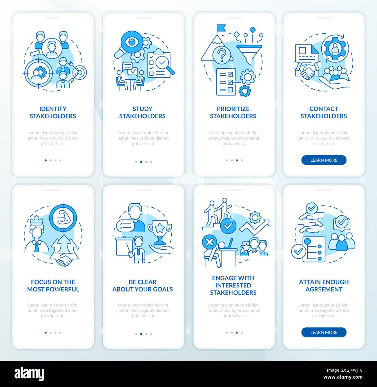 Stakeholder management, analysis blue onboarding mobile app screen set ...