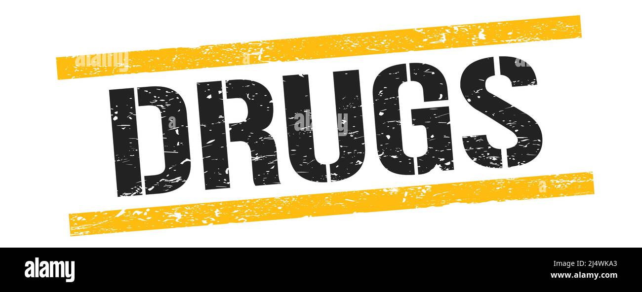 DRUGS text on black yellow grungy lines stamp sign Stock Photo - Alamy
