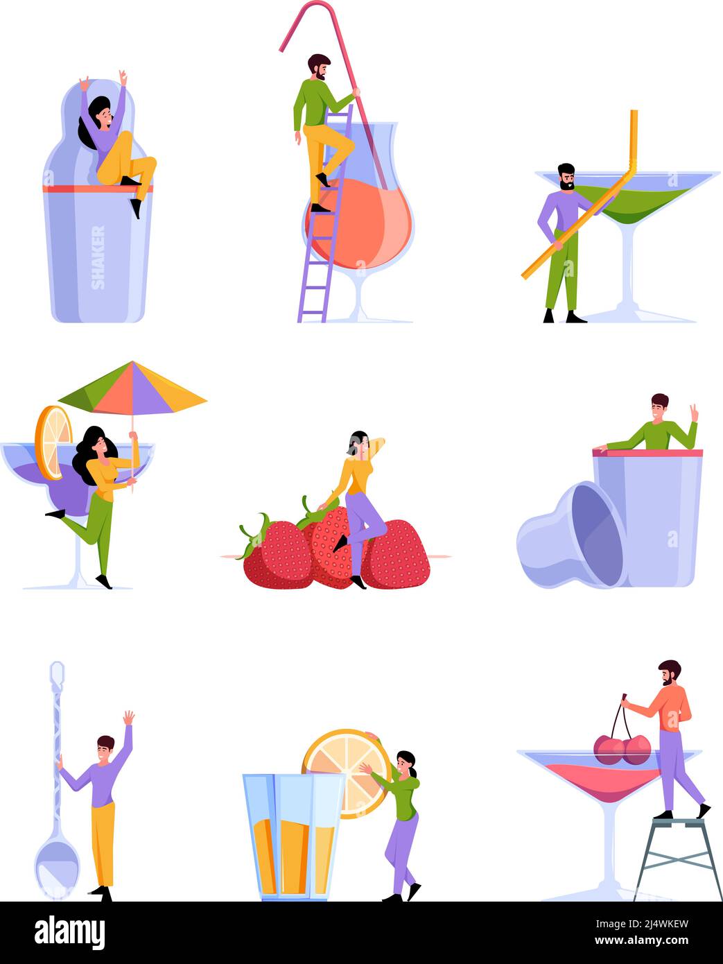 Alcoholic cocktails. Active characters making different drinks recipes ...