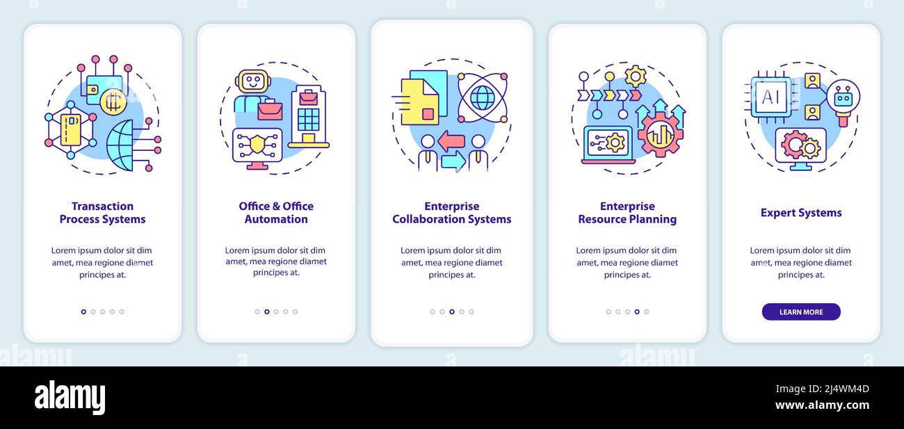 Information Systems Types Onboarding Mobile App Screen Stock Vector