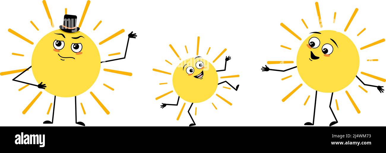 Family of sun character with happy emotions and poses, smile face ...