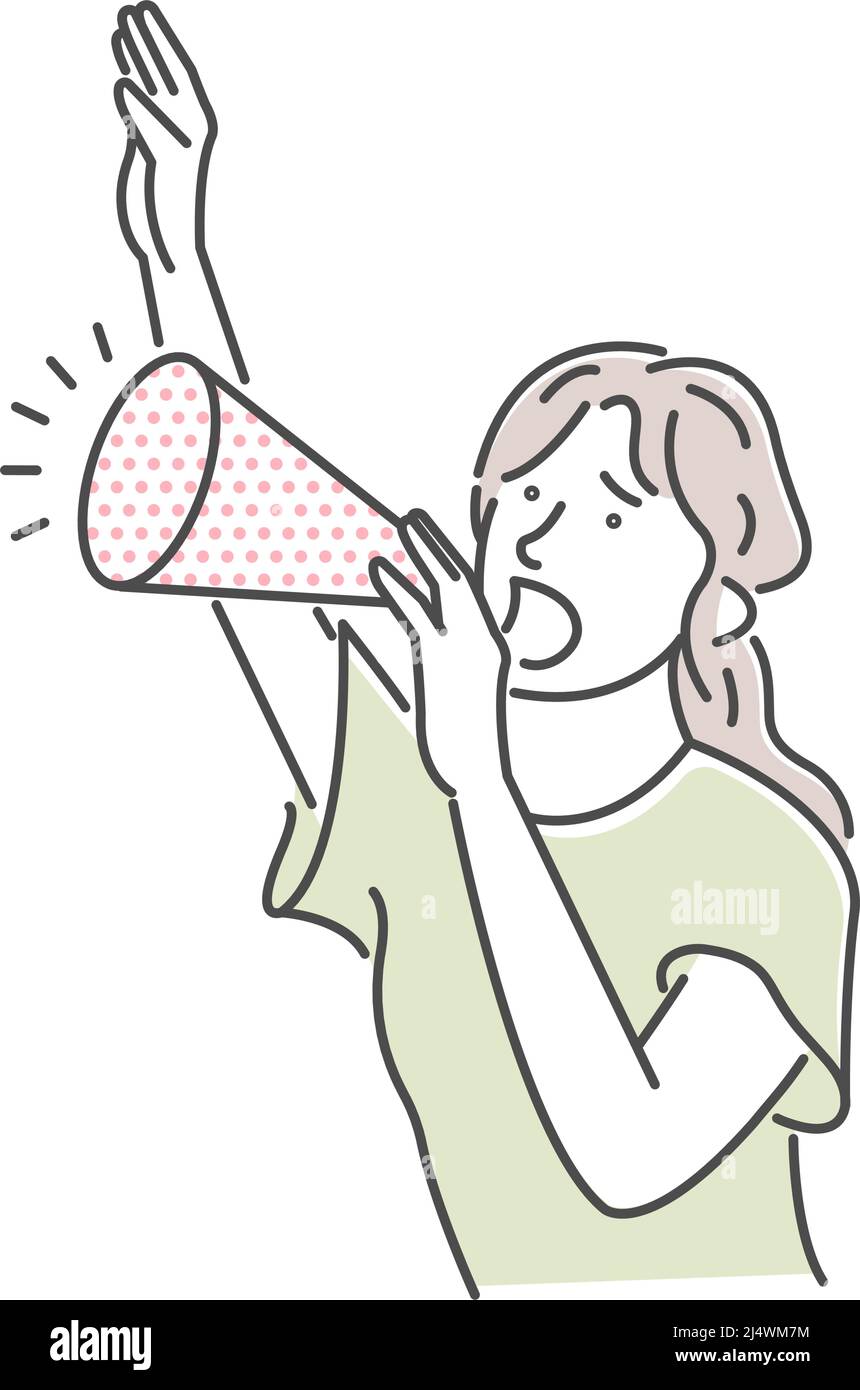 Vector illustration of a young woman making a loud voice using a ...