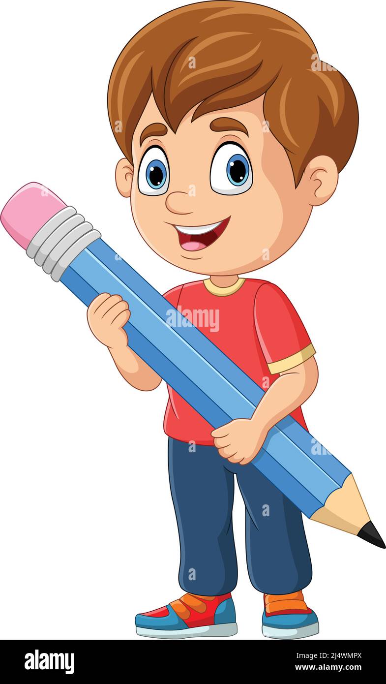Cartoon boy holding a big pencil Stock Vector Image & Art - Alamy