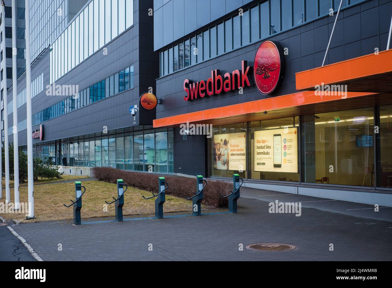 Tallinn, Estonia - 04.15.2022: Swedbank logo on Tallinn head office ...