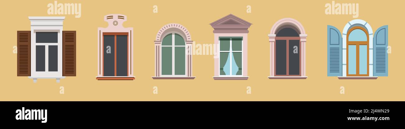 Big set of different windows. City windows in retro style. Isolated on ...