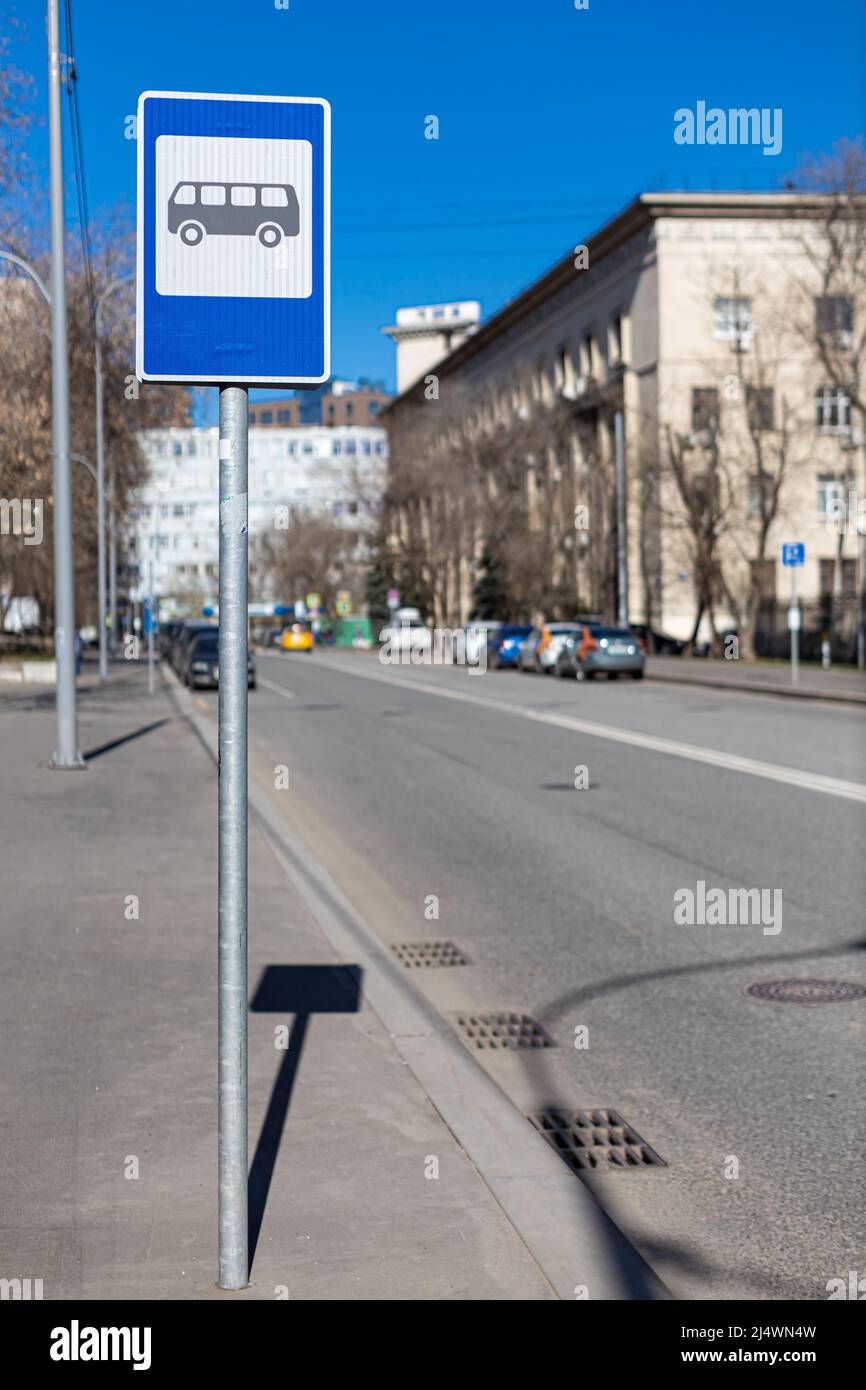 Moscow, Russia - April 14, 2022: bus stop sign on the side of the road ...