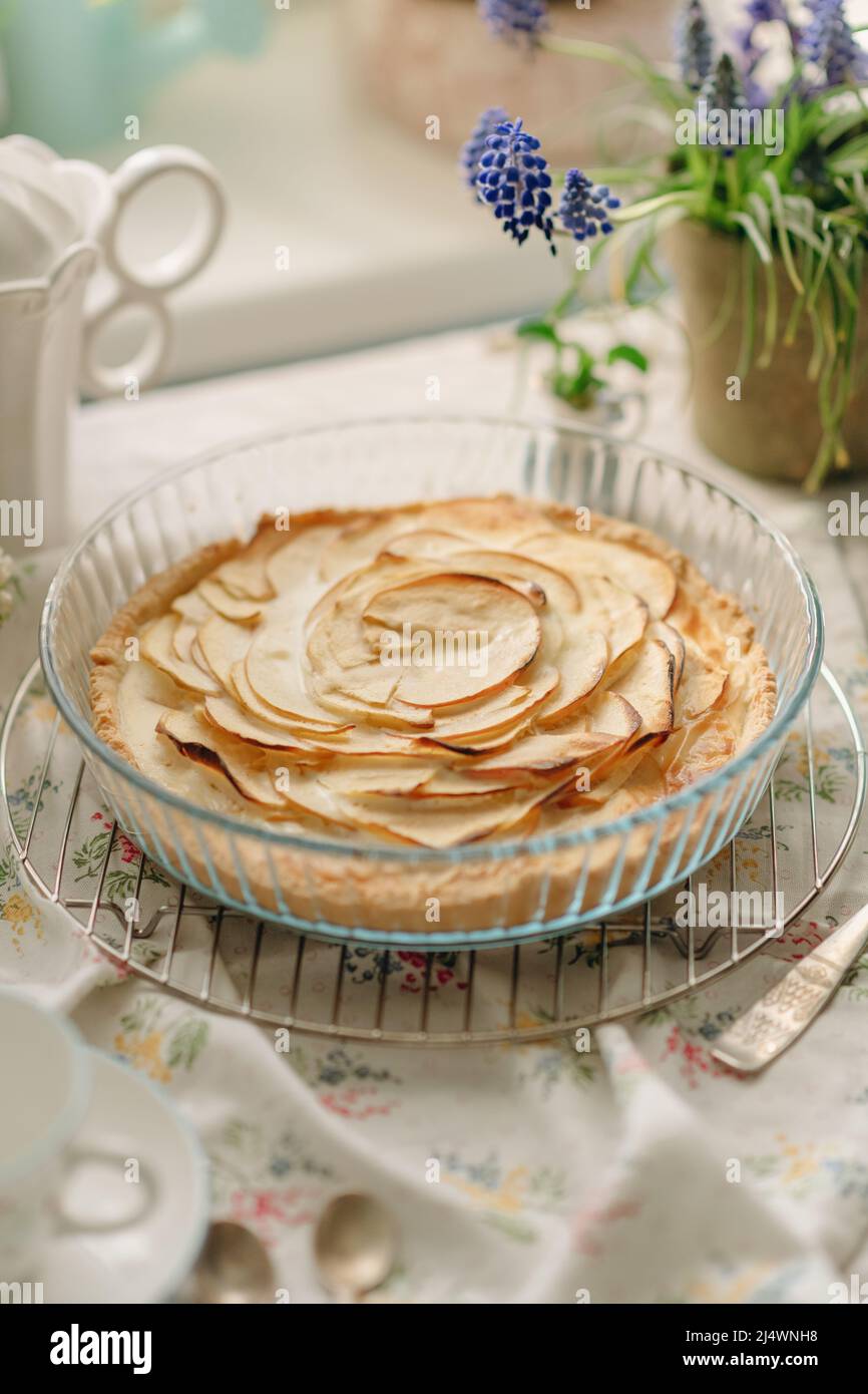 homemade apple pie in light colors in a transparent form, high quality ...
