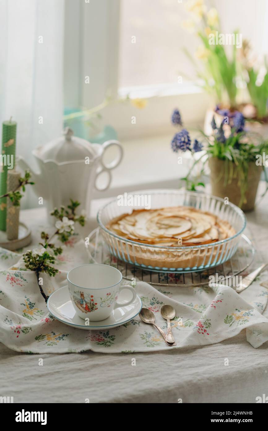 homemade apple pie in light colors in a transparent form, high quality ...