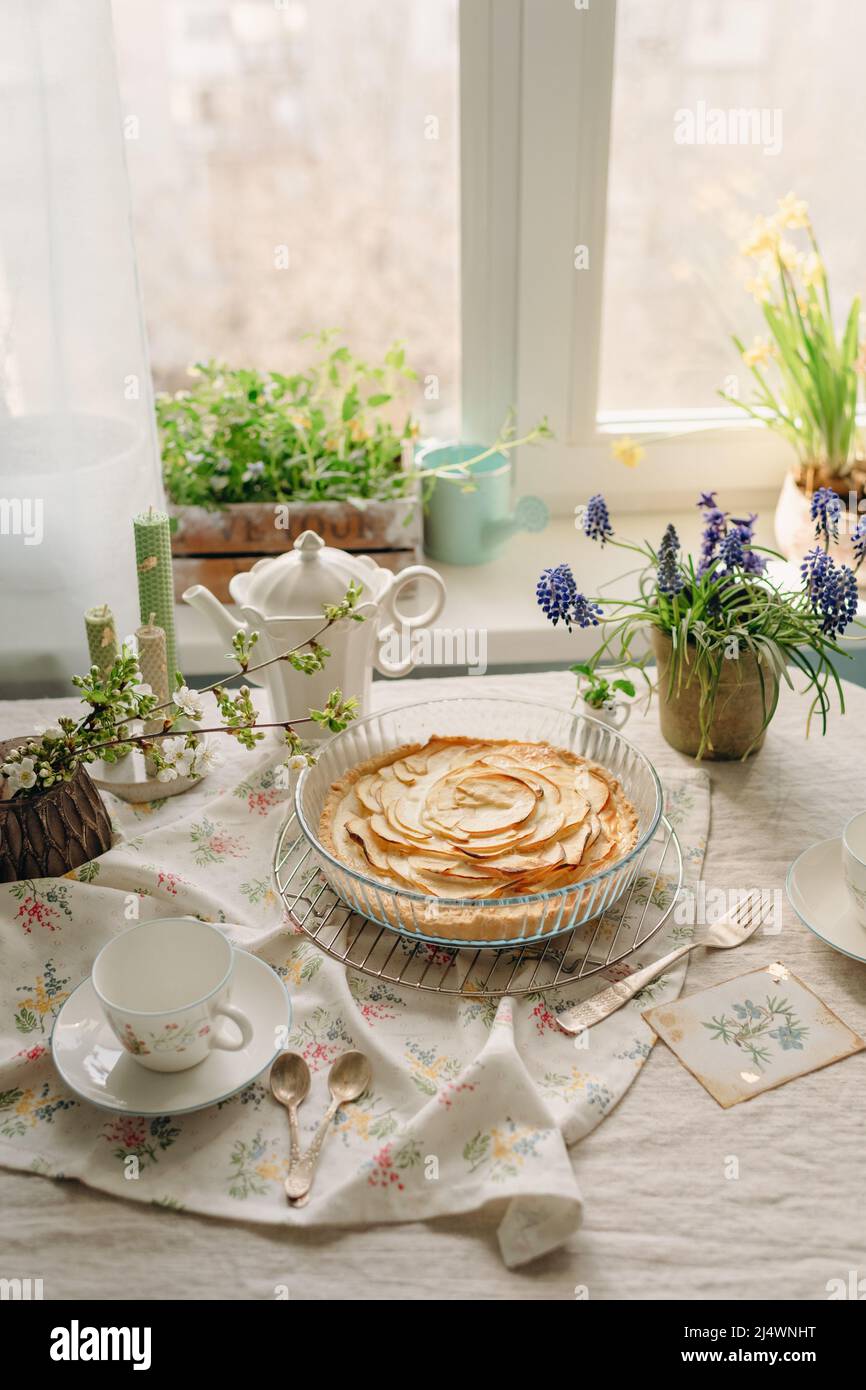homemade apple pie in light colors in a transparent form, high quality ...
