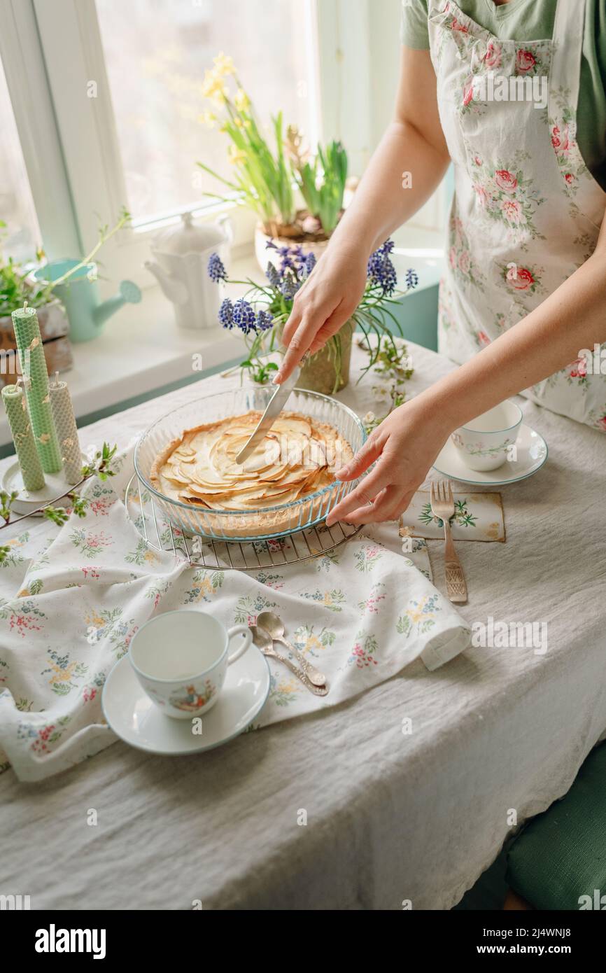 homemade apple pie in light colors in a transparent form, high quality ...