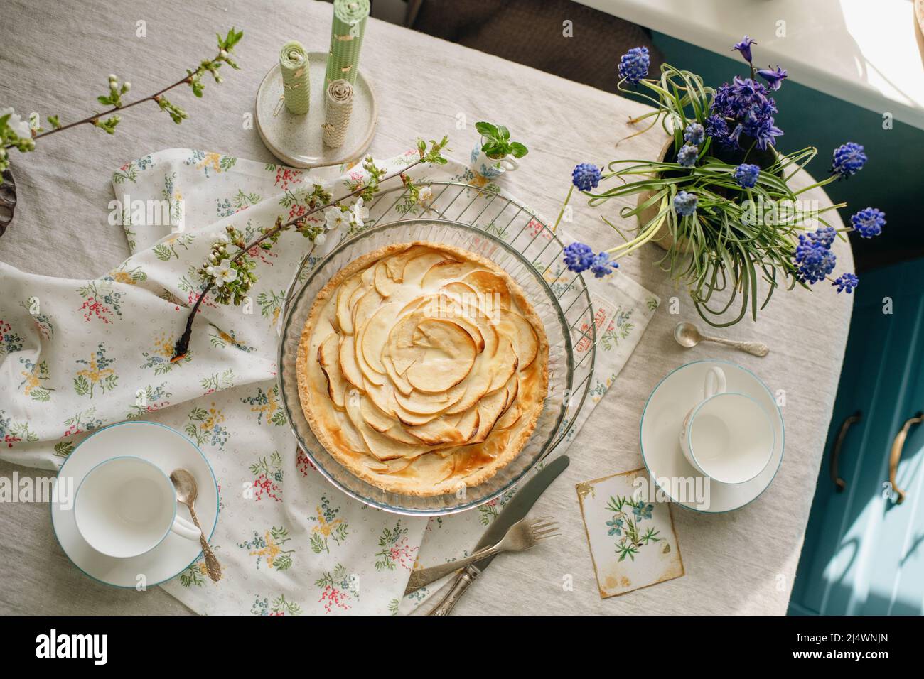 homemade apple pie in light colors in a transparent form, high quality ...