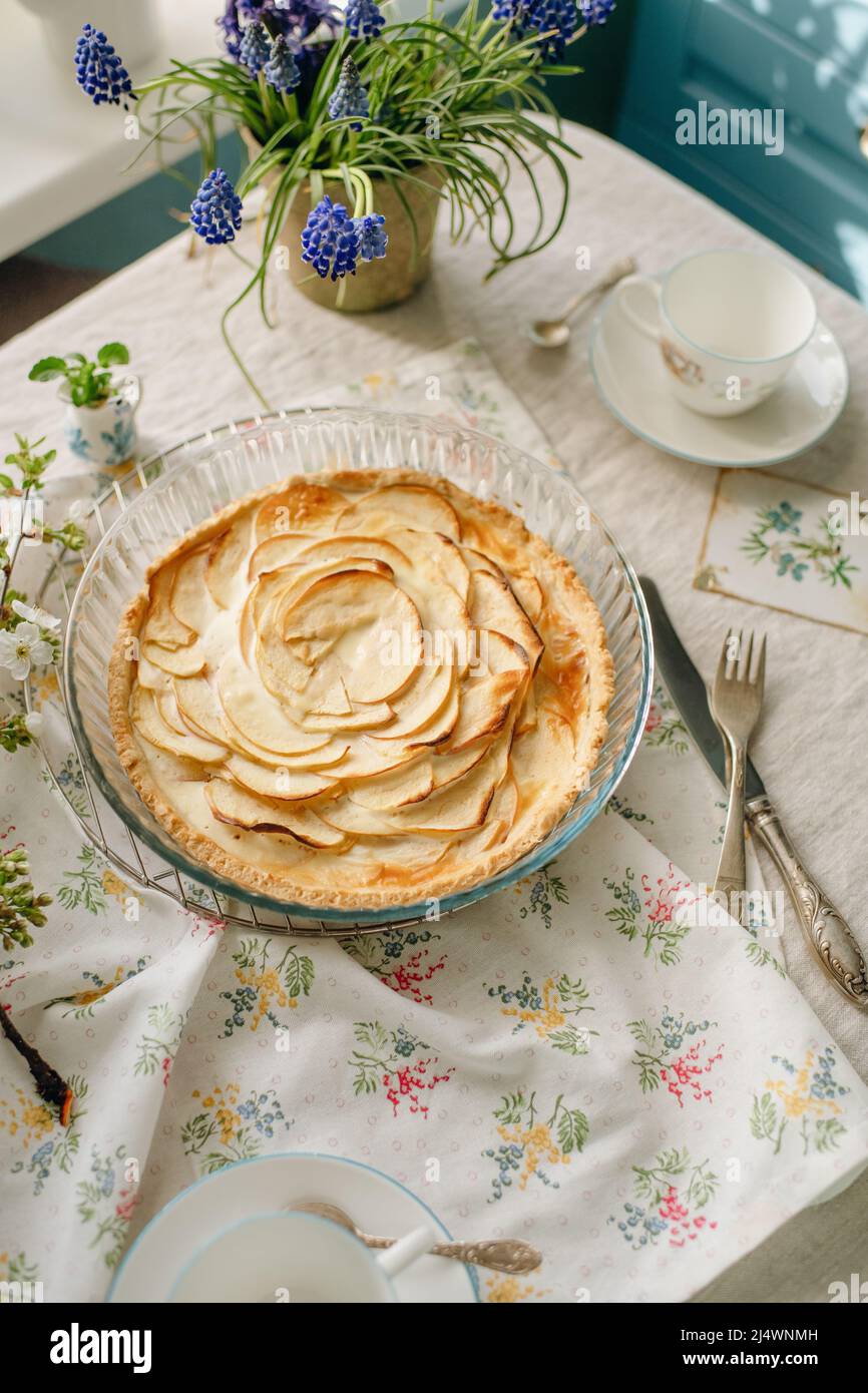 homemade apple pie in light colors in a transparent form, high quality ...