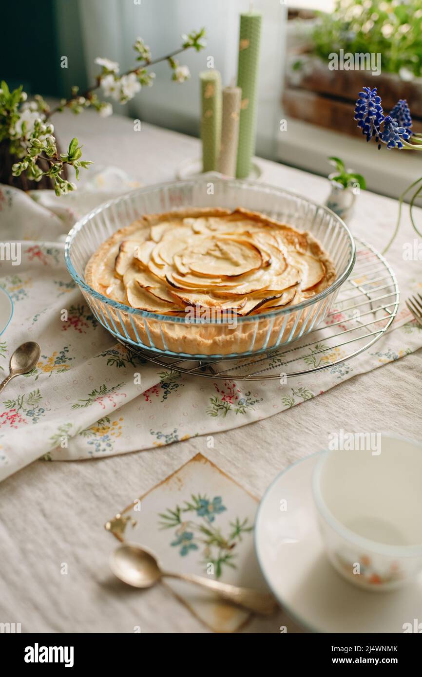 homemade apple pie in light colors in a transparent form, high quality ...