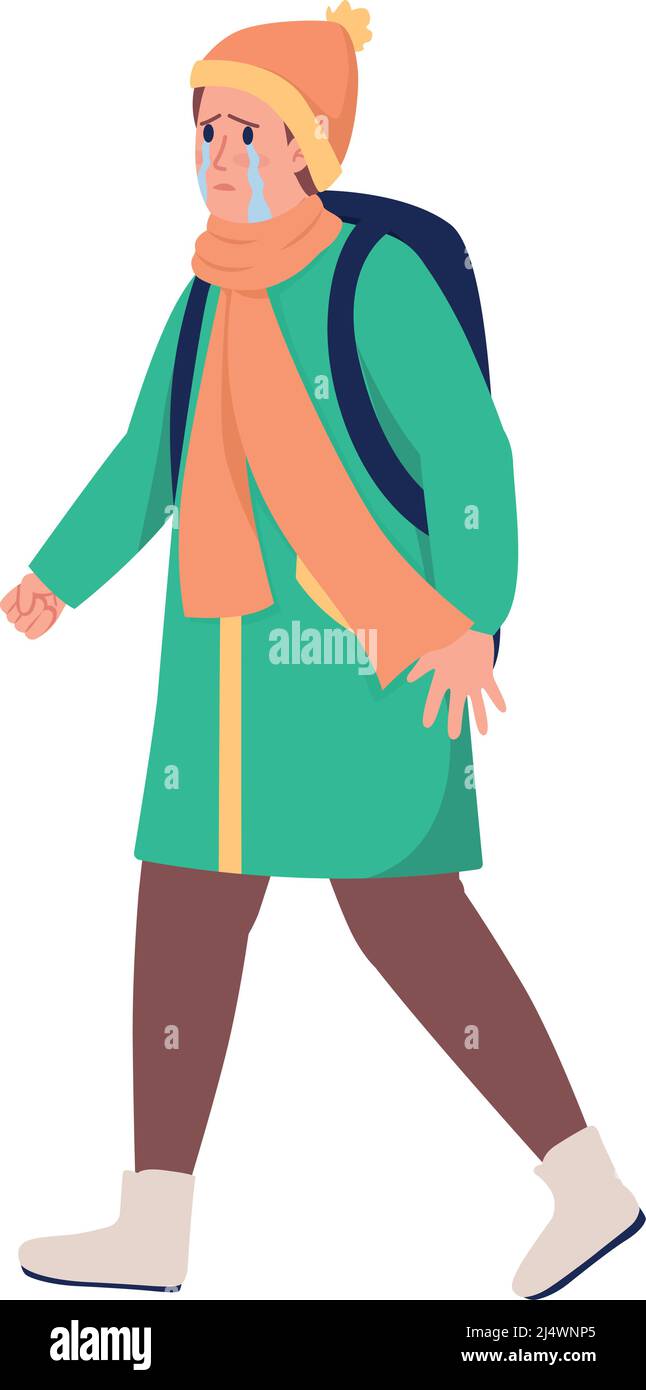 Refugee boy with backpack running away from war semi flat color vector ...