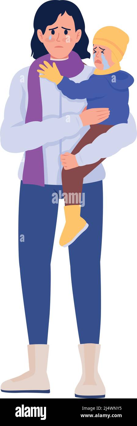 Female war victim holding weeping son semi flat color vector characters ...