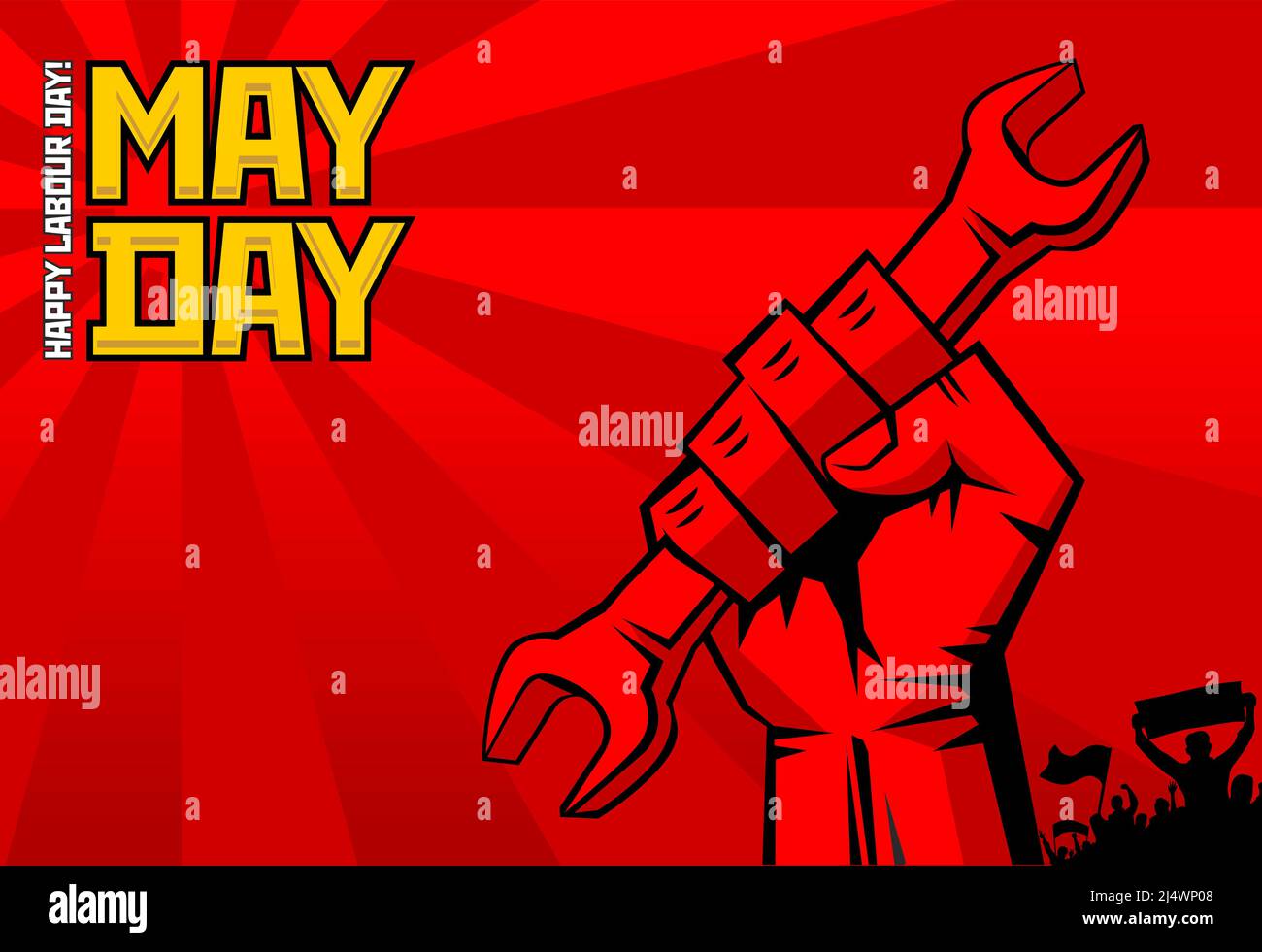 Poster Happy Labor Day in red propaganda retro style. Wrench in hand ...