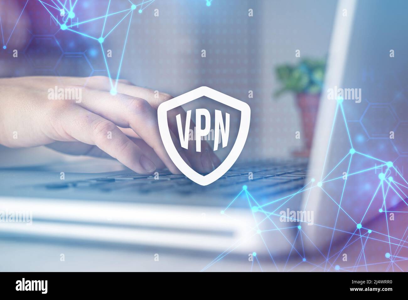 Modern laptop with VPN and user hand close-up. Virtual private network ...