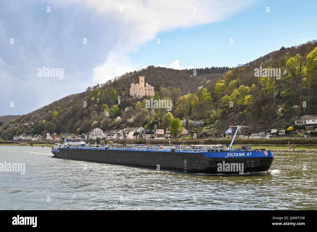 Rhine River, Germany – April 2022: Industrial tanker barge transporting ... Rhine River, Germany – April 2022: Industrial tanker barge transporting ...