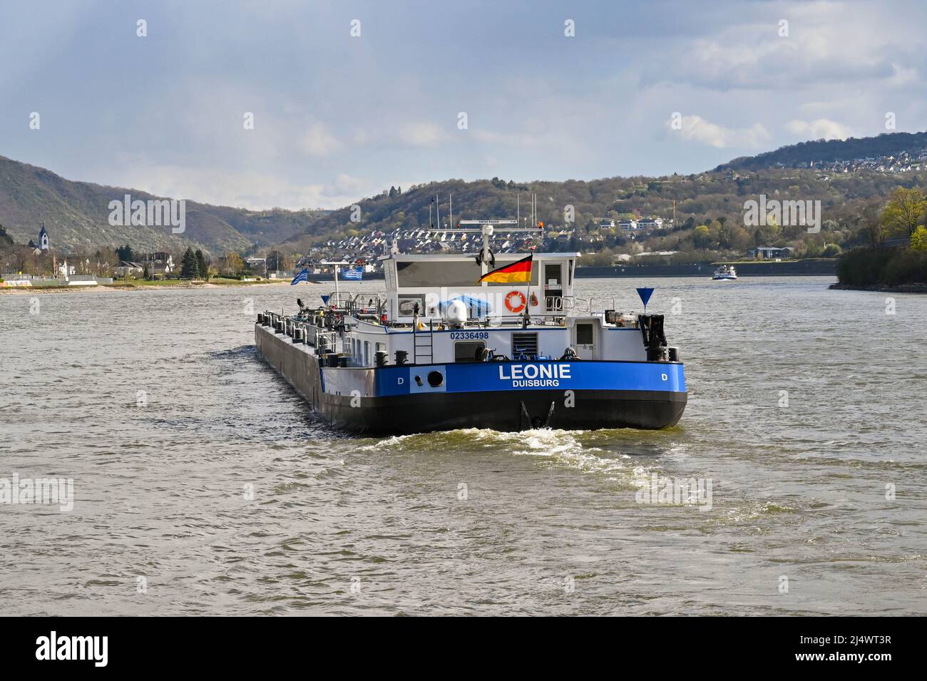Rhine River, Germany – April 2022: Rear view of an industrial tanker ...