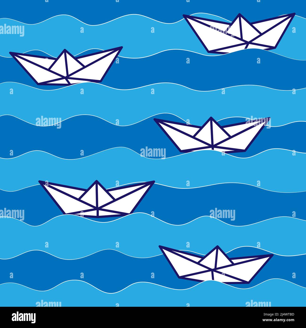 Vector illustration of paper boat in the sea waves. Outline simple ...
