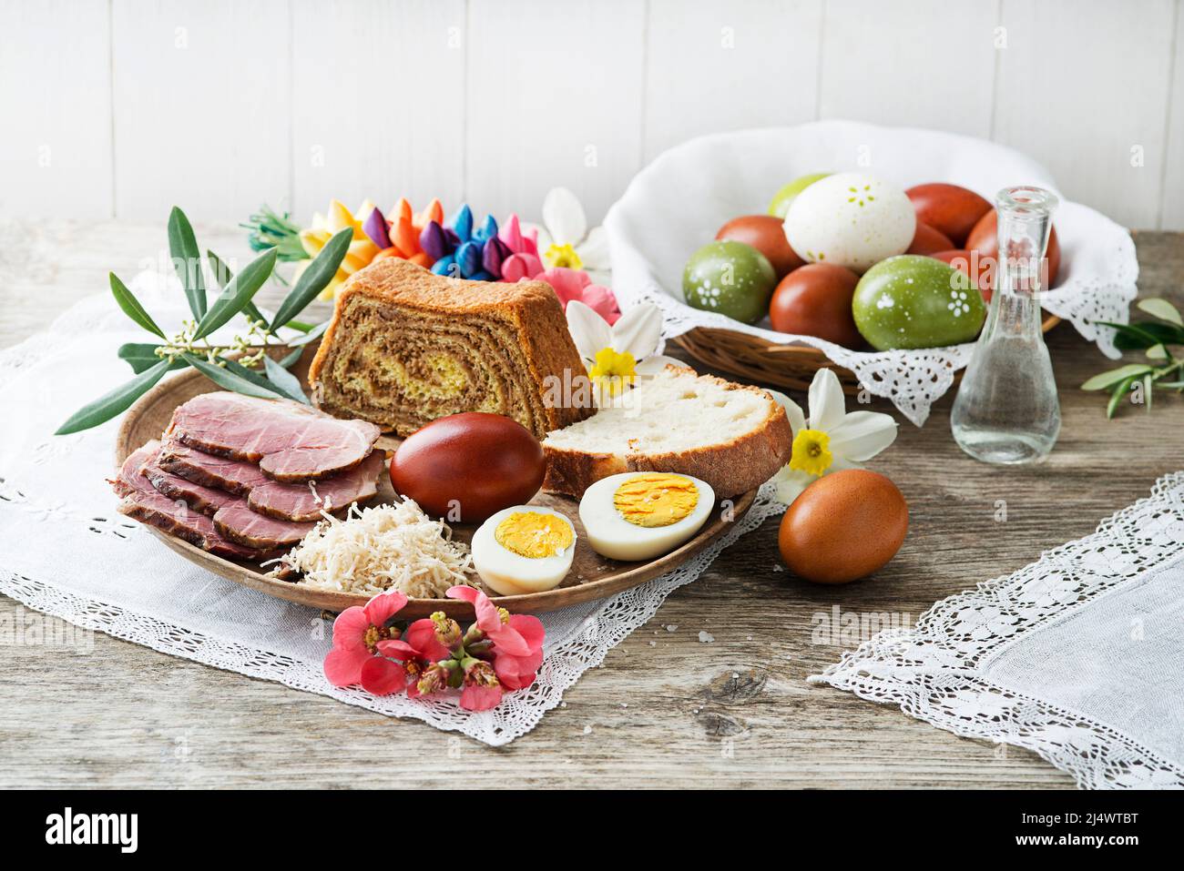Easter traditional food with ham, eggs and bread. Holidays background ...