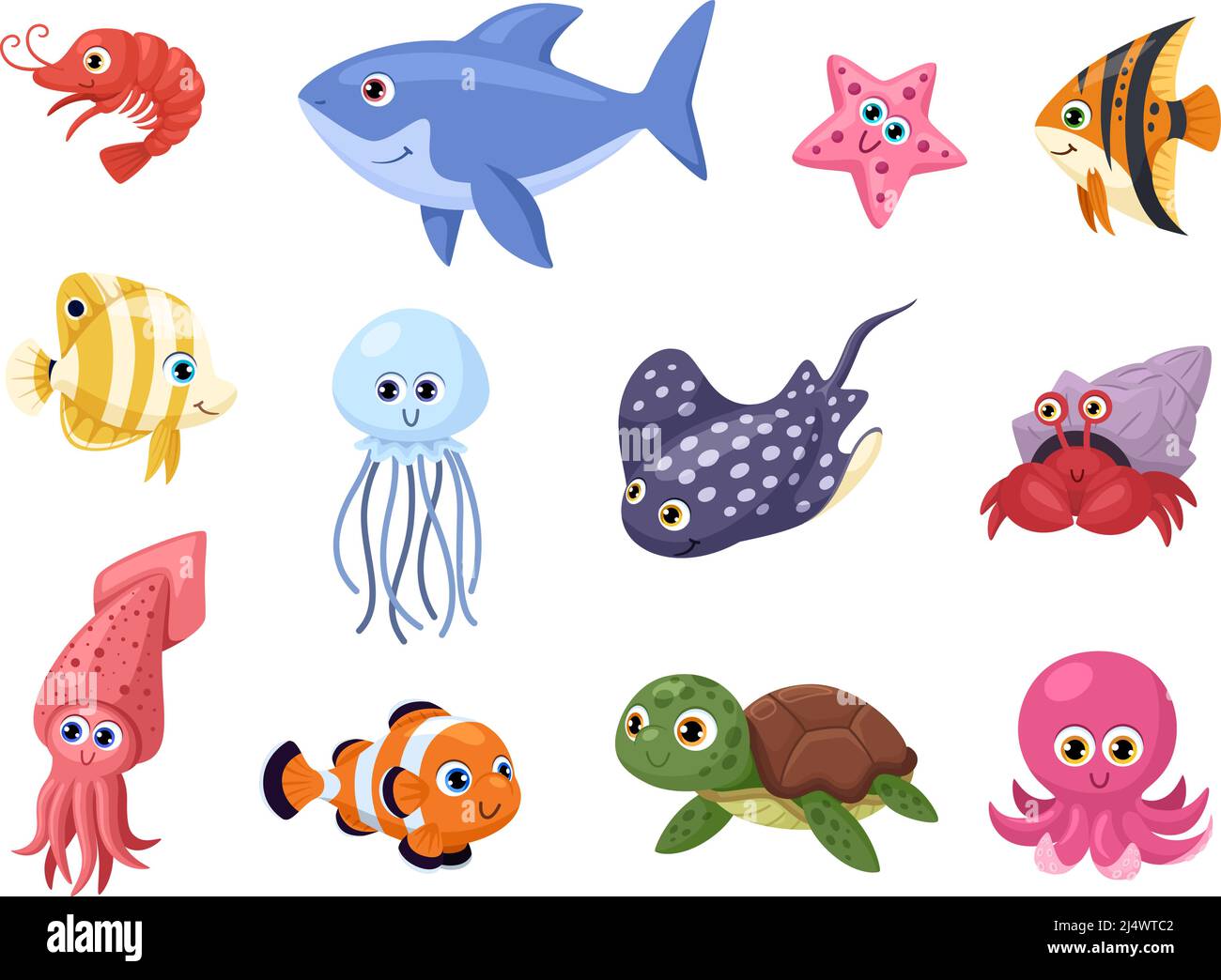 Sea life. Swimming ocean animal, stingray and shark. Cute cartoon ...