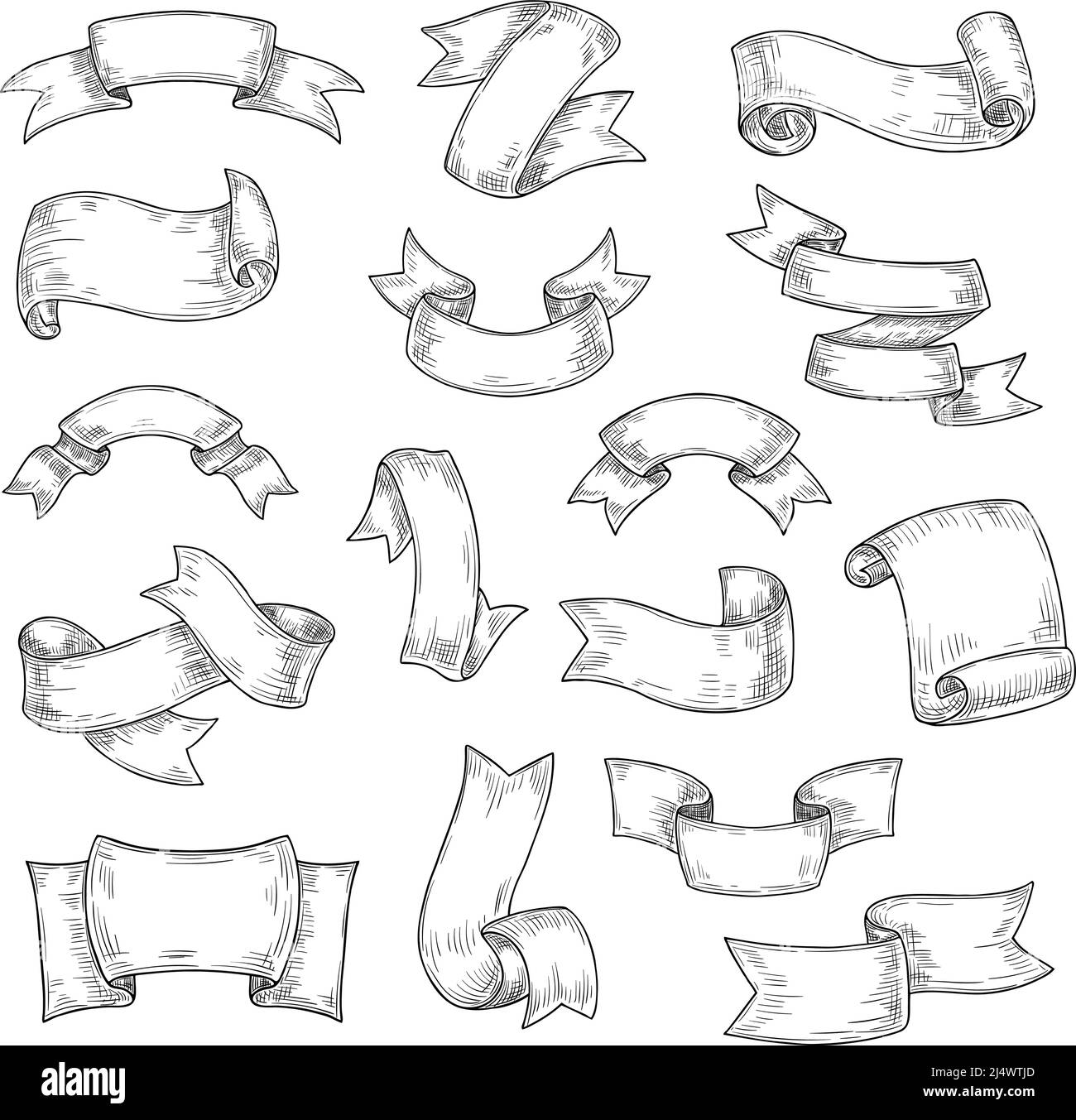 Hand drawn ribbons. Sketch drawing banners, outline retro ribbon ...