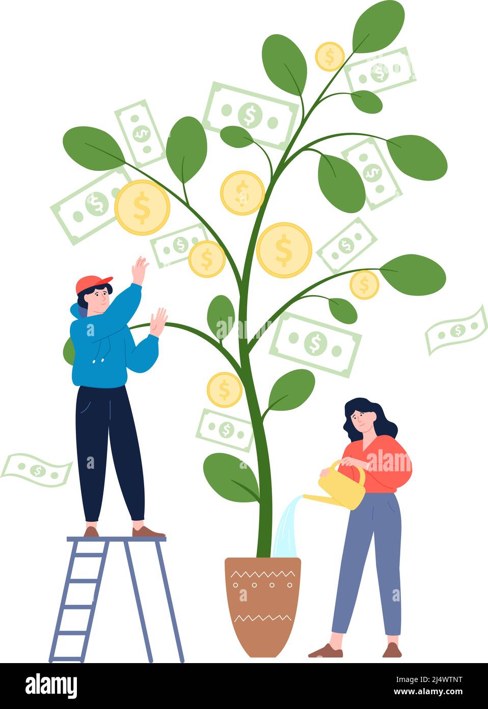 Grow money tree in team. Business profit collect, gaining investment ...