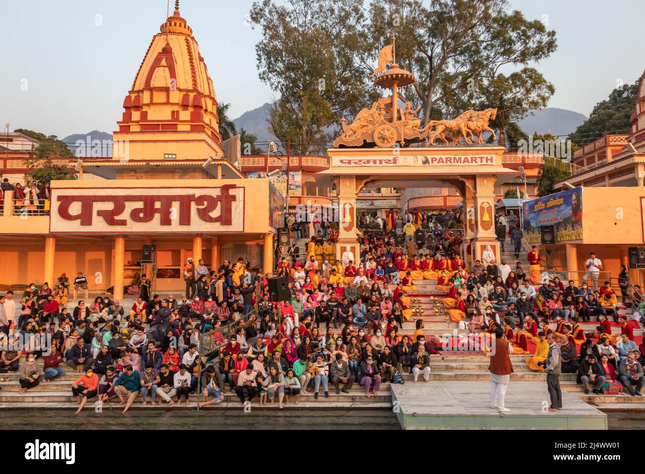 hindu temple filled with crowed at evening form religious prayer image ...