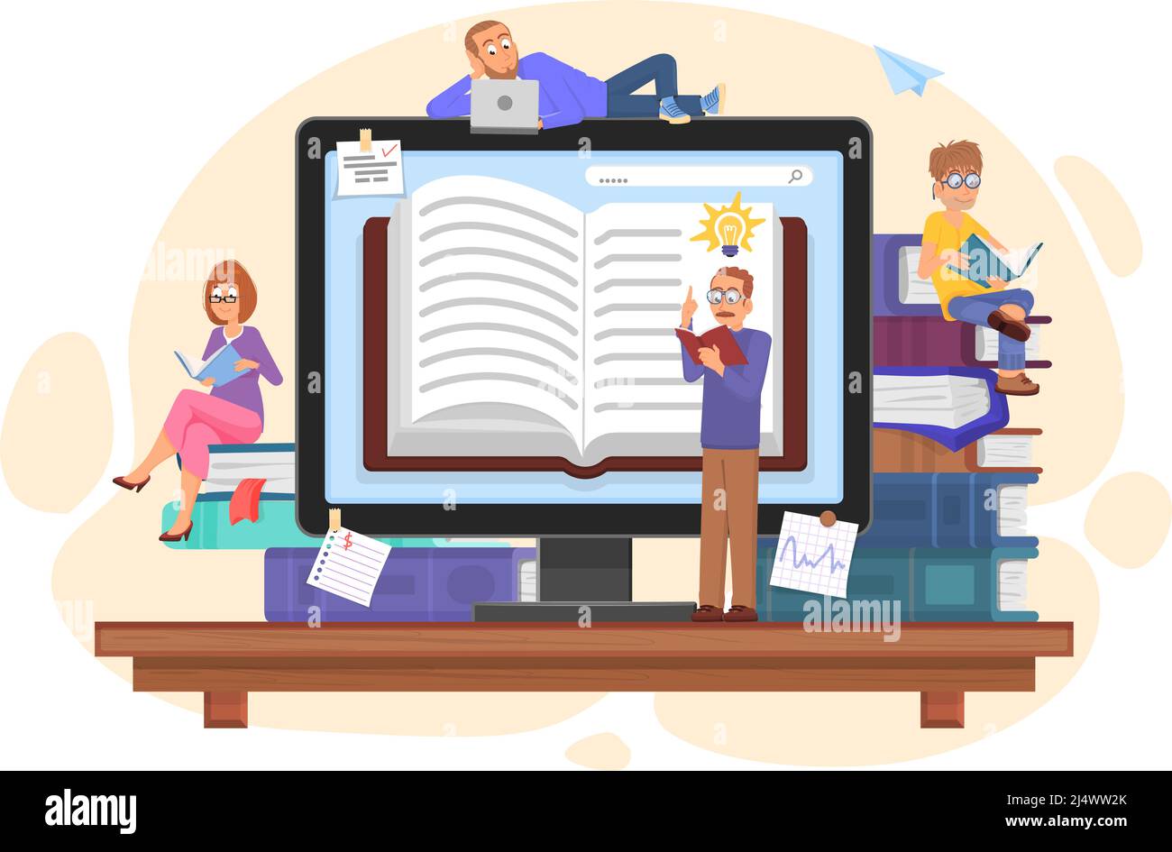 People study on online courses with books and laptop. Online library or ...