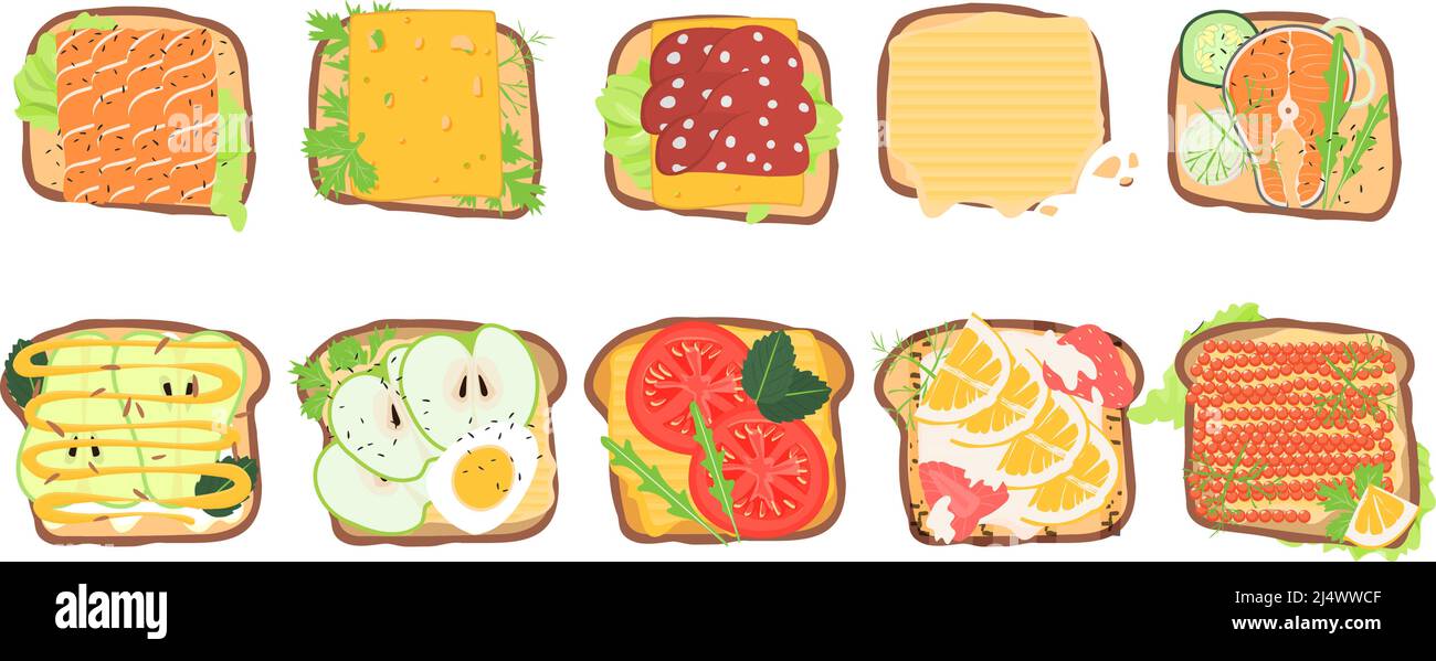 Healthy toasts top view. Sandwich with topping, dinner or breakfast ...