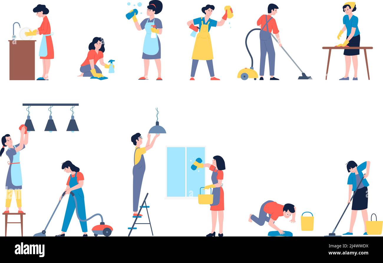Cleaning characters. People house working, clean and vacuum, wash dish ...