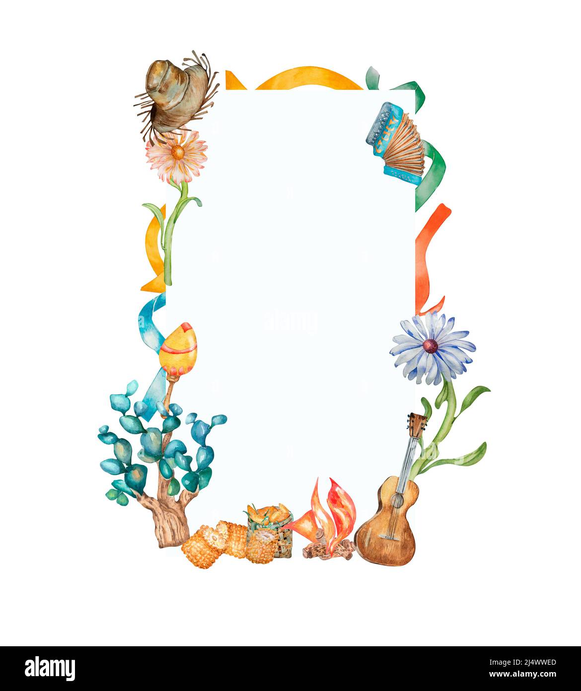 Brazilian June festival frame, card with accordion, guitar, straw hat ...