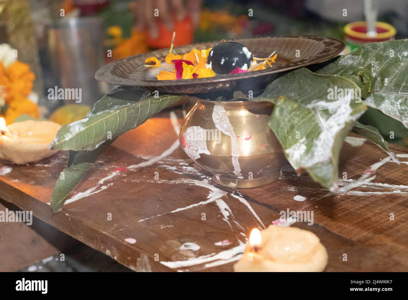religious ritual pray of holy god with blurred background at evening ...