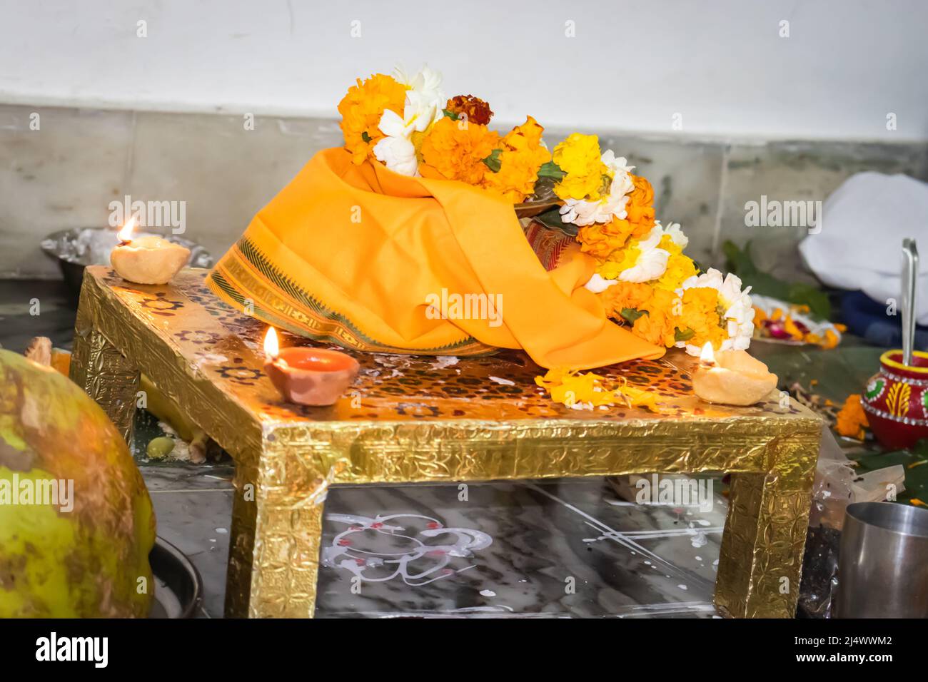 religious ritual pray of holy god with blurred background at evening ...