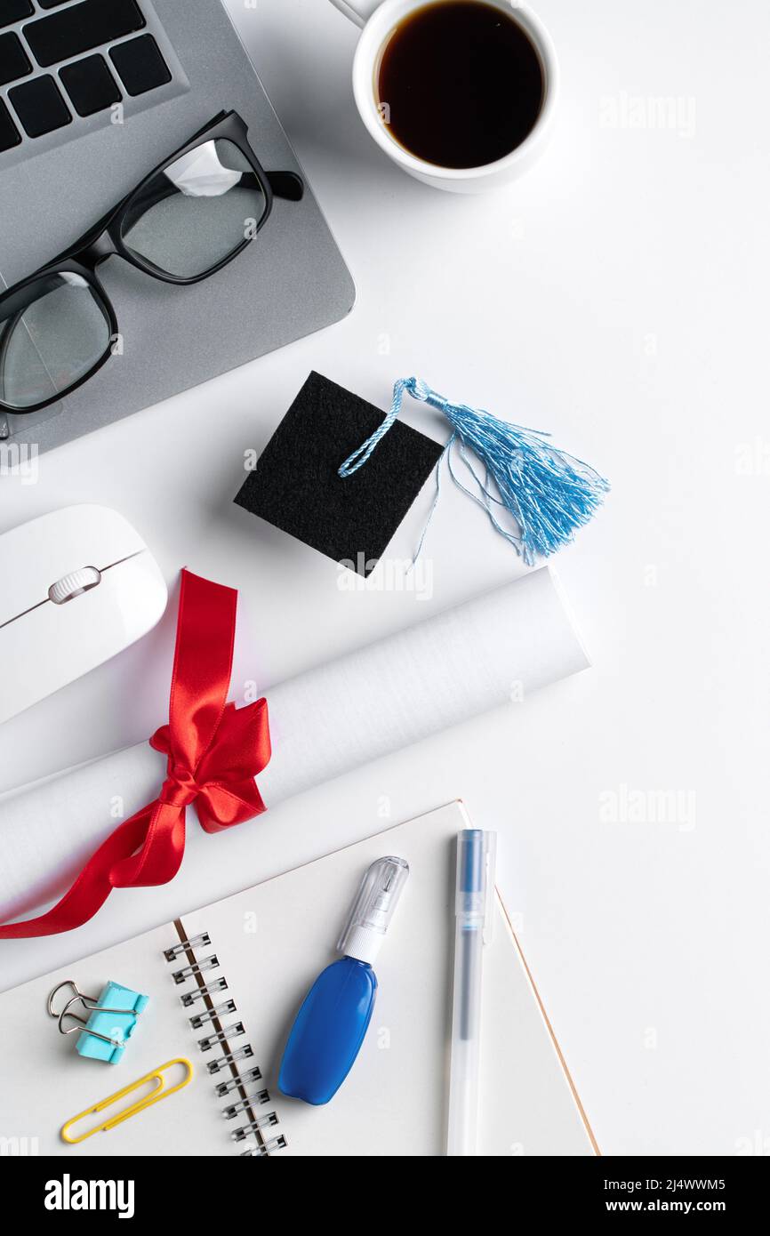 Top view of online learning and remote graduation ceremony commencement ...