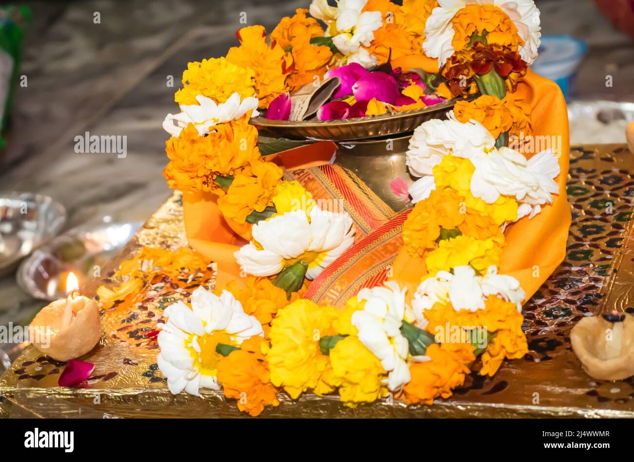 religious ritual pray of holy god with blurred background at evening ...