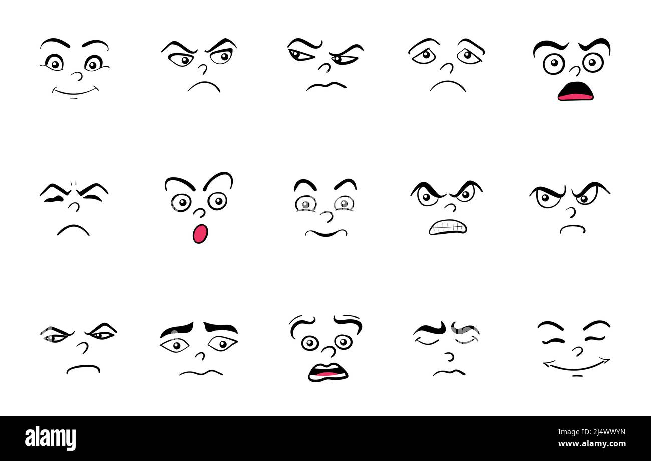 Cartoon cute and funny faces with positive and negative emotions. Comic ...