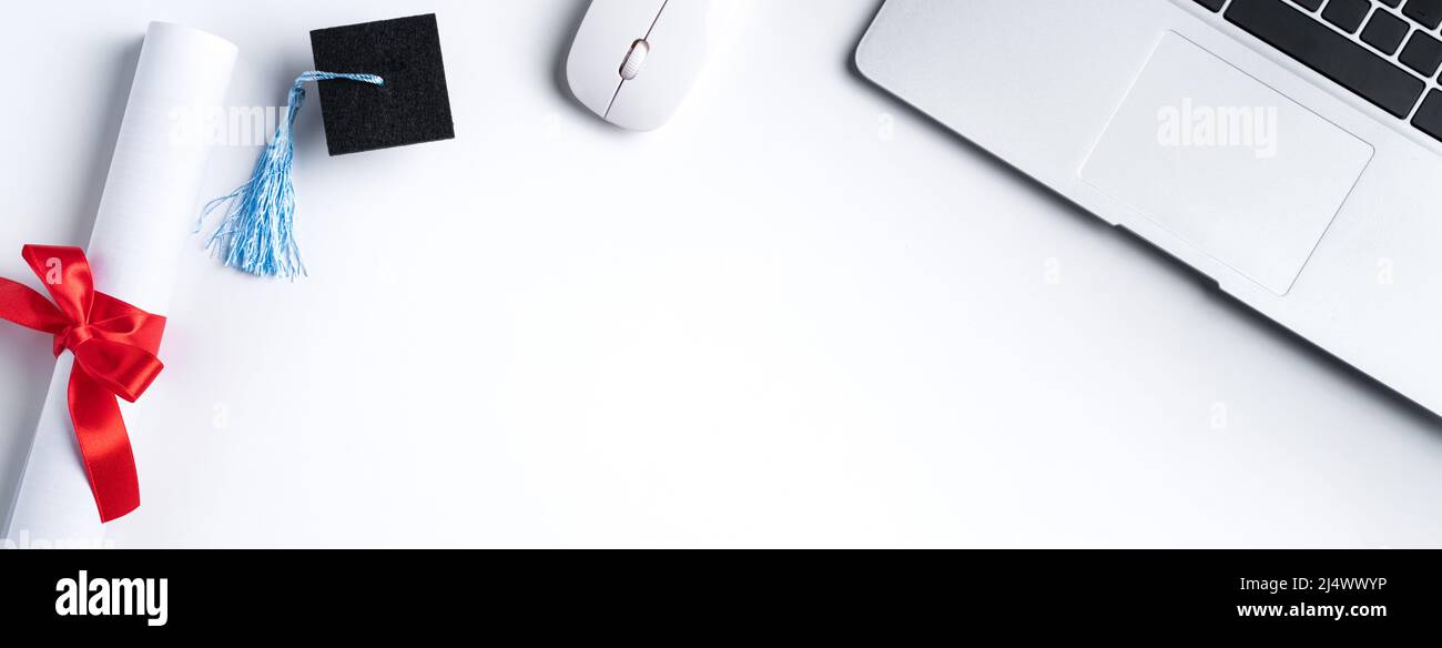 Top view of online learning and remote graduation ceremony commencement ...