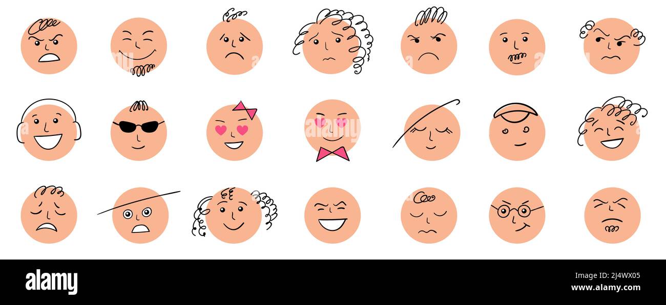 Cartoon cute and funny faces with positive and negative emotions. Comic ...