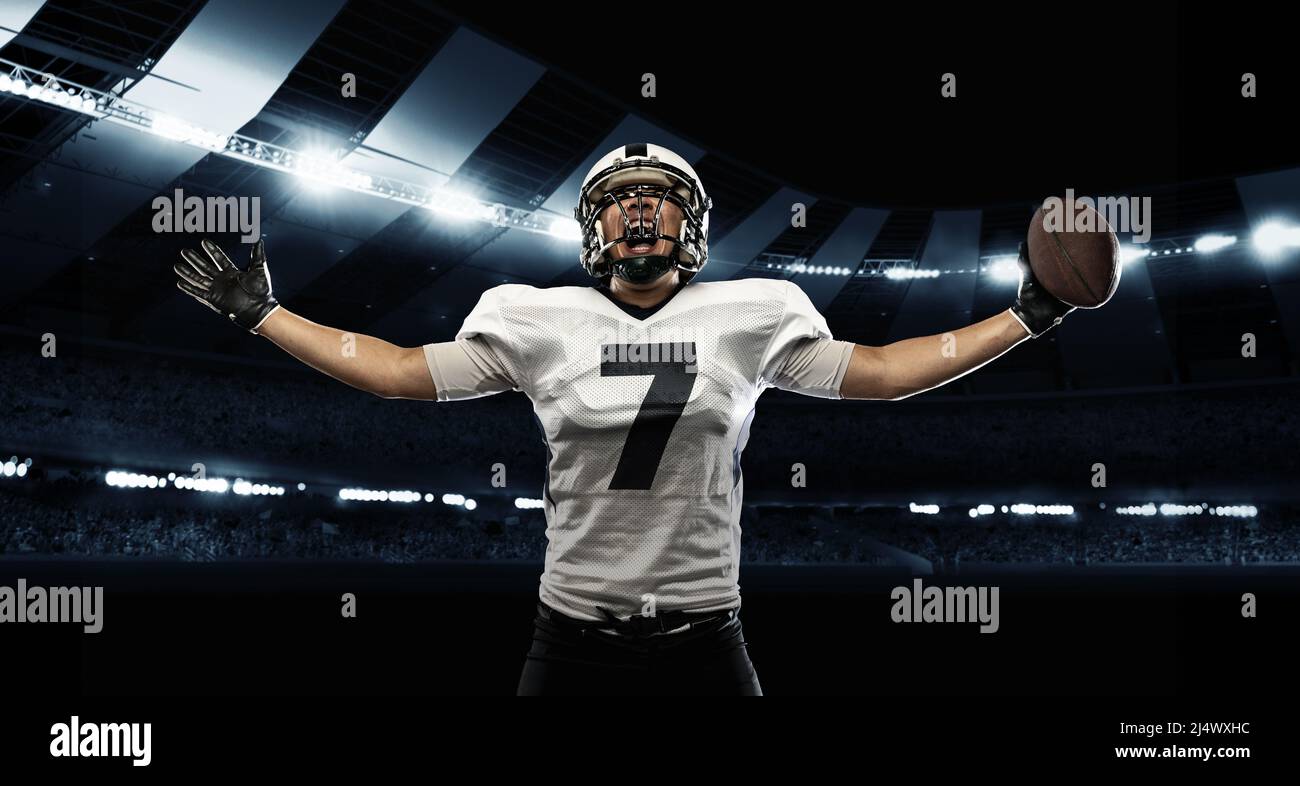 Win, success. Poster with excited american football player in sports ...